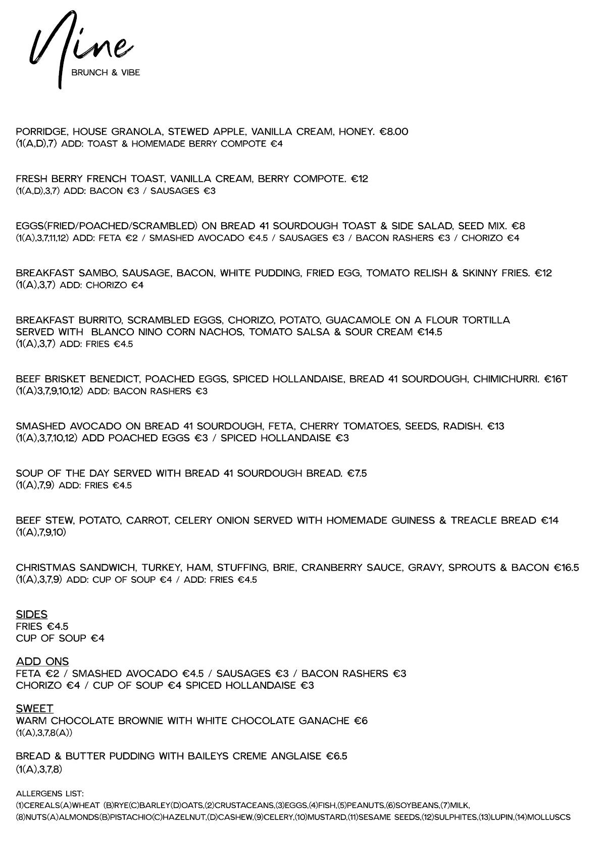 Menu at Nine cafe, Bray