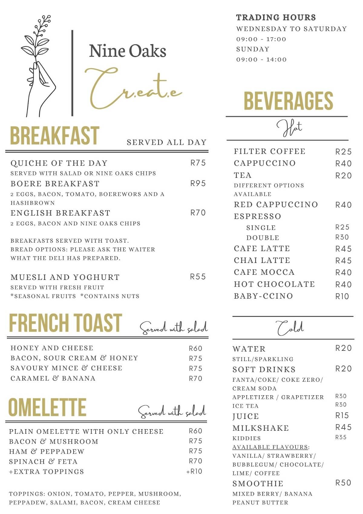 Menu at Nine Oaks pub & bar, Windmeul