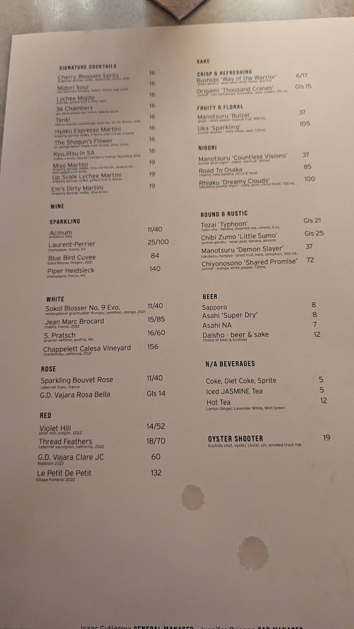 Menu at Nineteen Hyaku restaurant, San Antonio