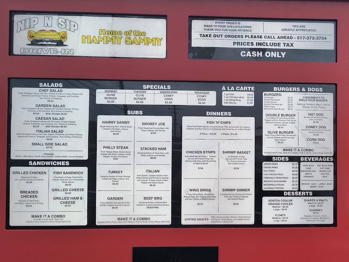 Menu at Nip N Sip Drive In restaurant, Lansing, N East St