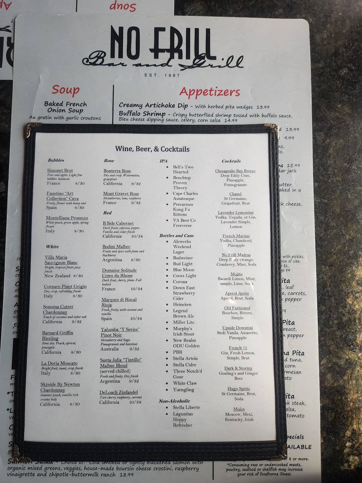 Menu at No Frill Bar And Grill, Norfolk, 806 Spotswood Ave