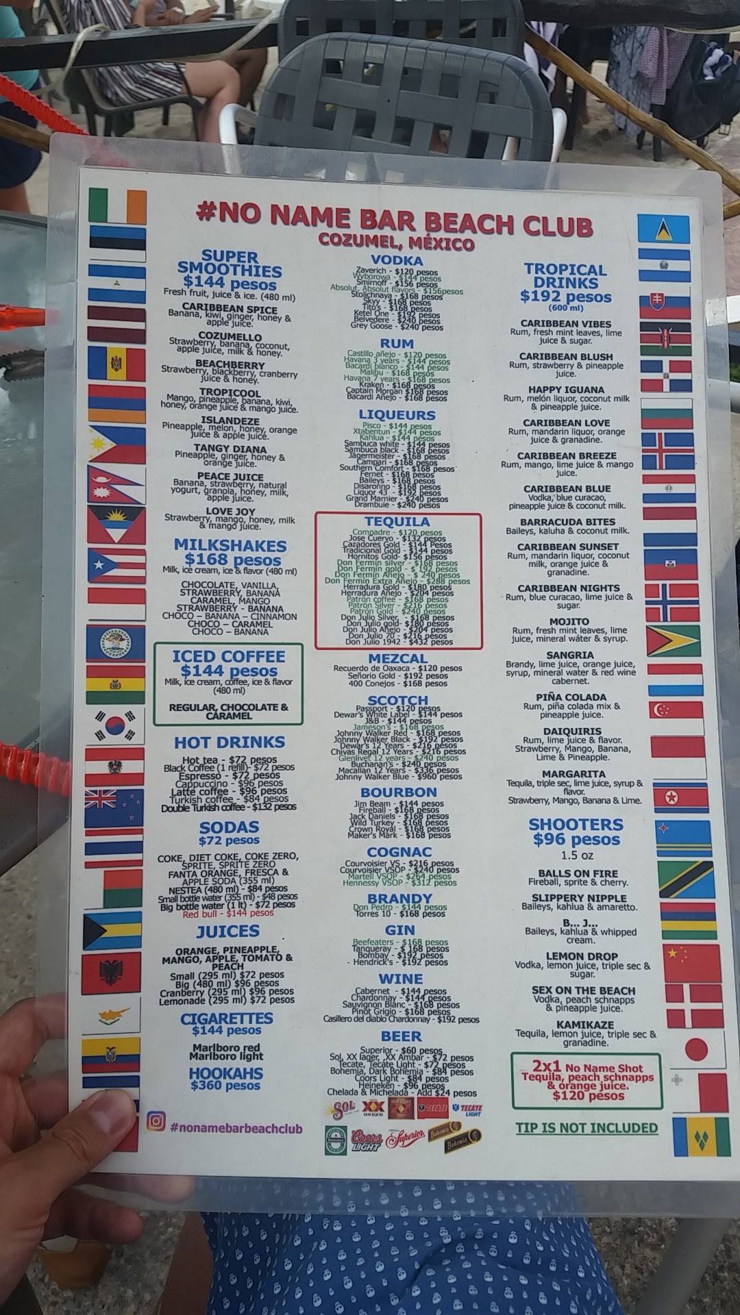 Menu at No Name Bar, San Miguel de Cozumel