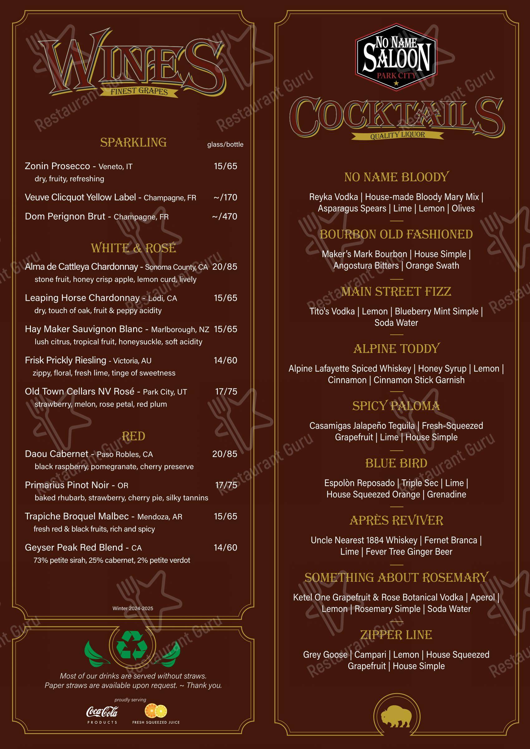 Menu at No Name Saloon pub & bar, Park City, 447 Main St
