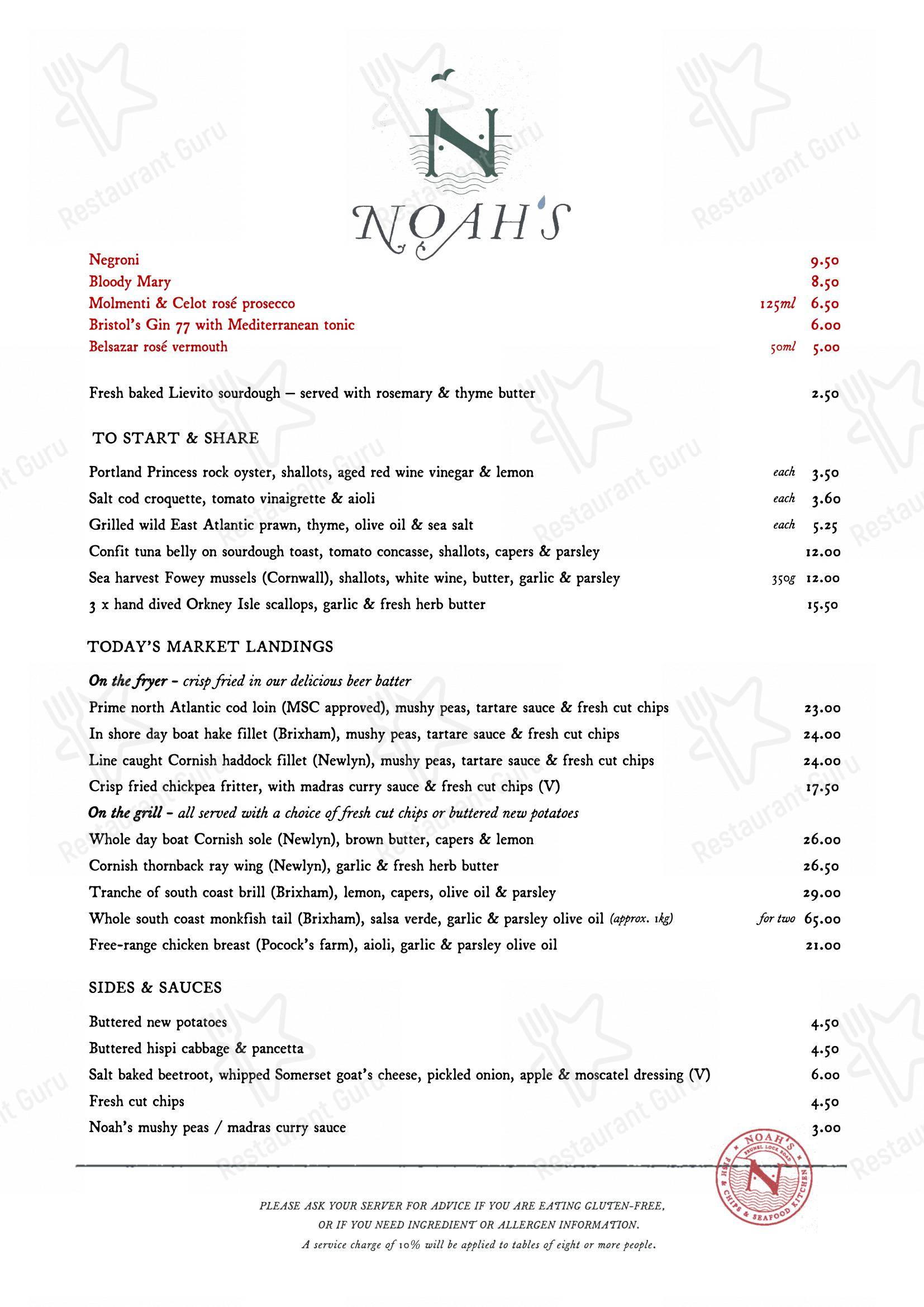 Menu at Noah's restaurant, Bristol