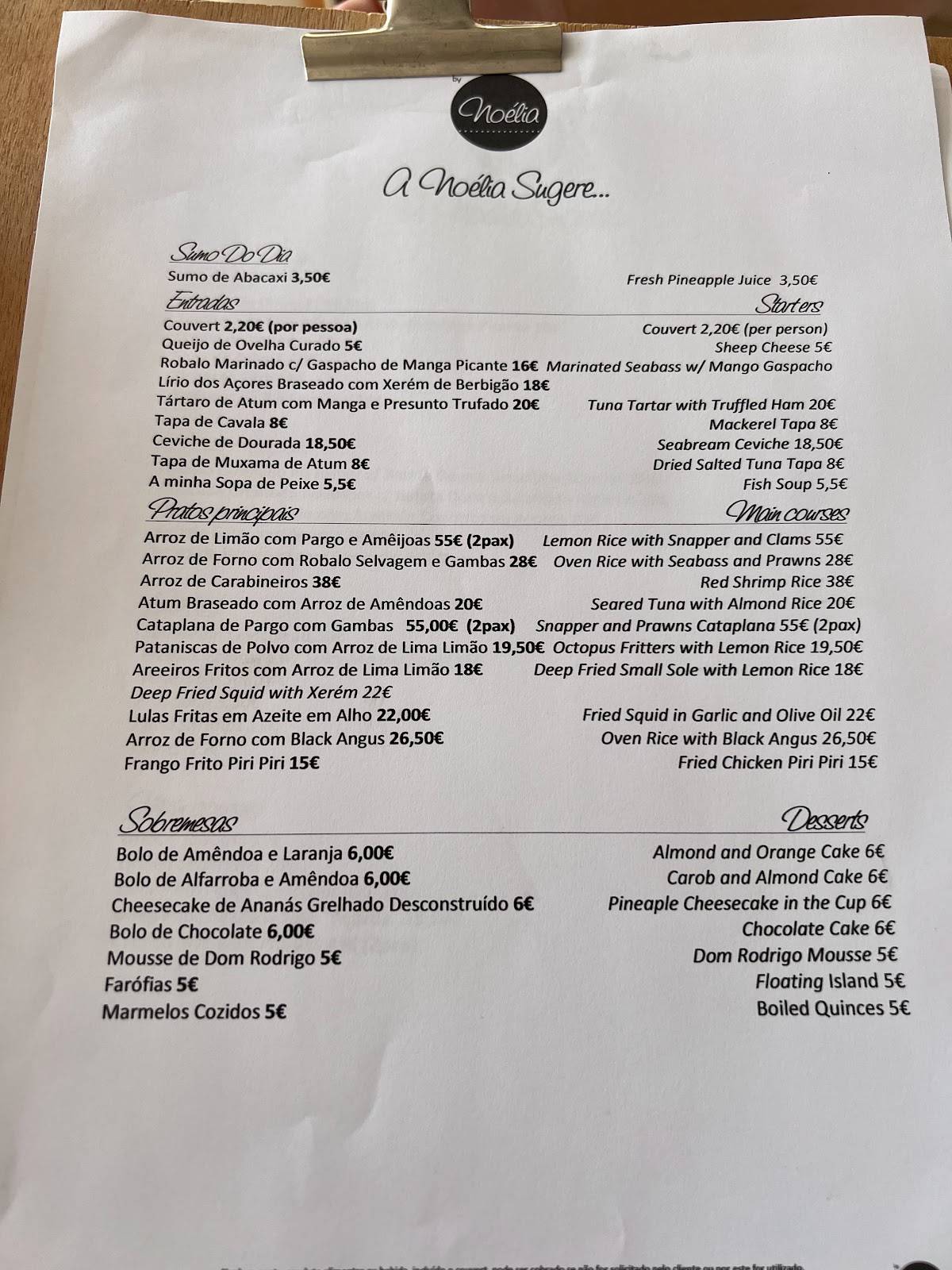 Menu em Restaurante Noélia & Jerónimo, Tavira, Av. Ria Formosa 2