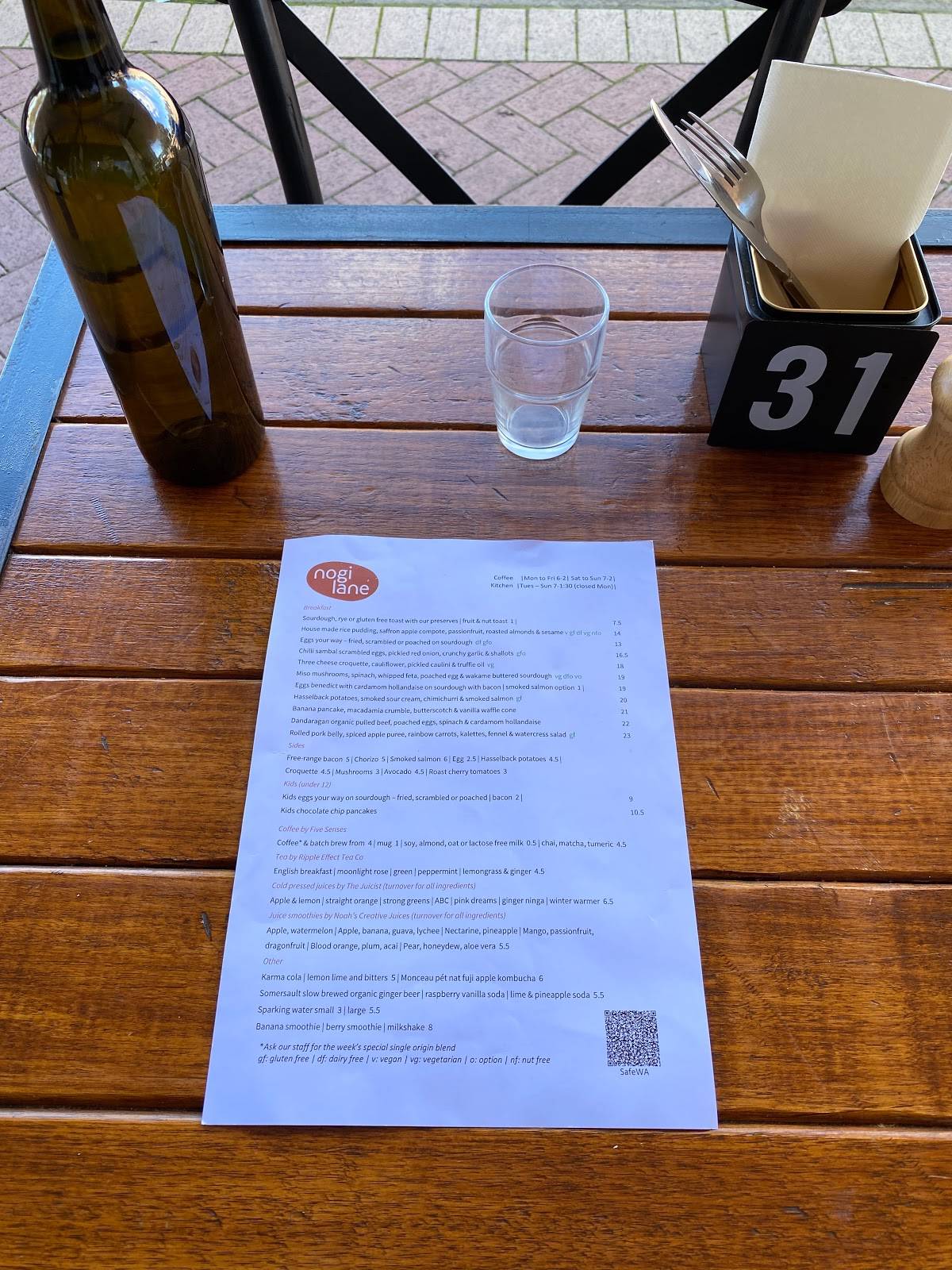Menu at Nogi Lane cafe, Dianella