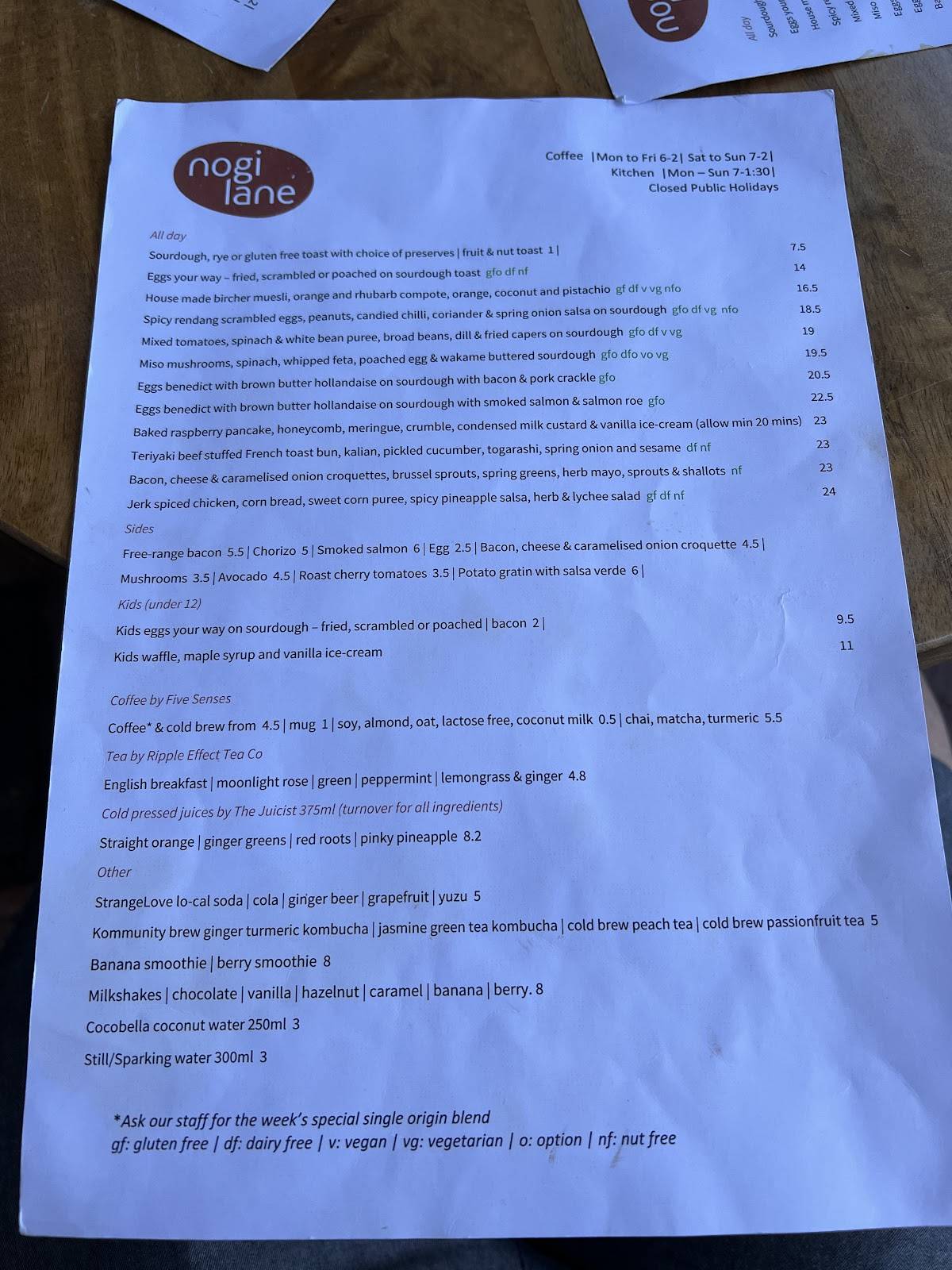 Menu at Nogi Lane cafe, Dianella