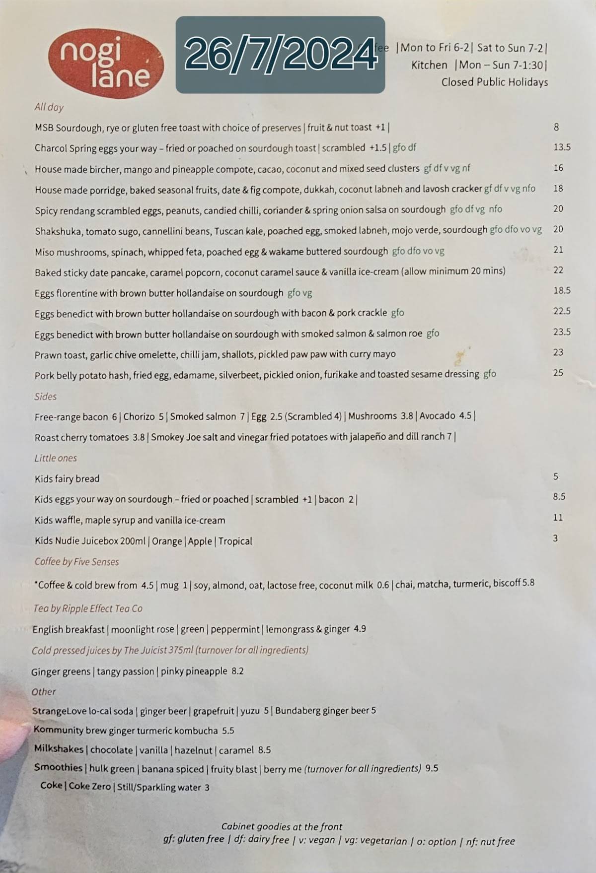 Menu at Nogi Lane cafe, Dianella