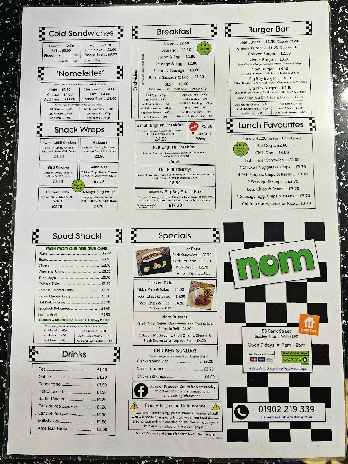 Menu at Nom cafe, Bilston