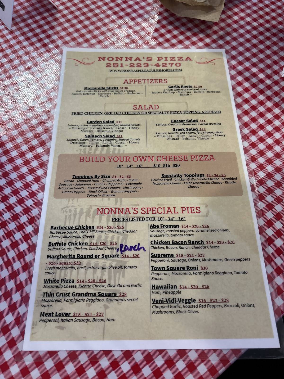 Menu at Nonna's Pizza pizzeria, Gulf Shores