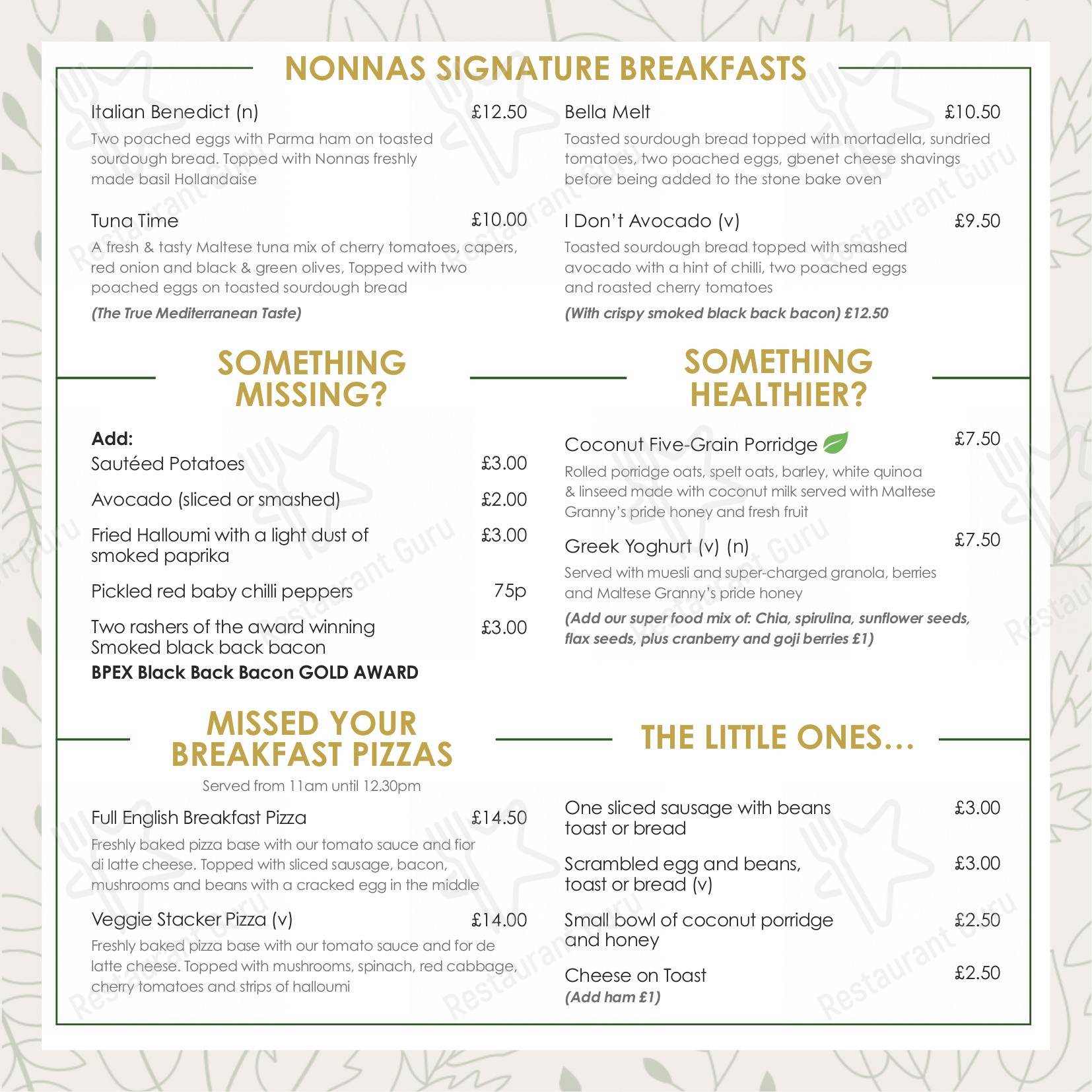 Menu at Nonna's restaurant, Woburn Sands