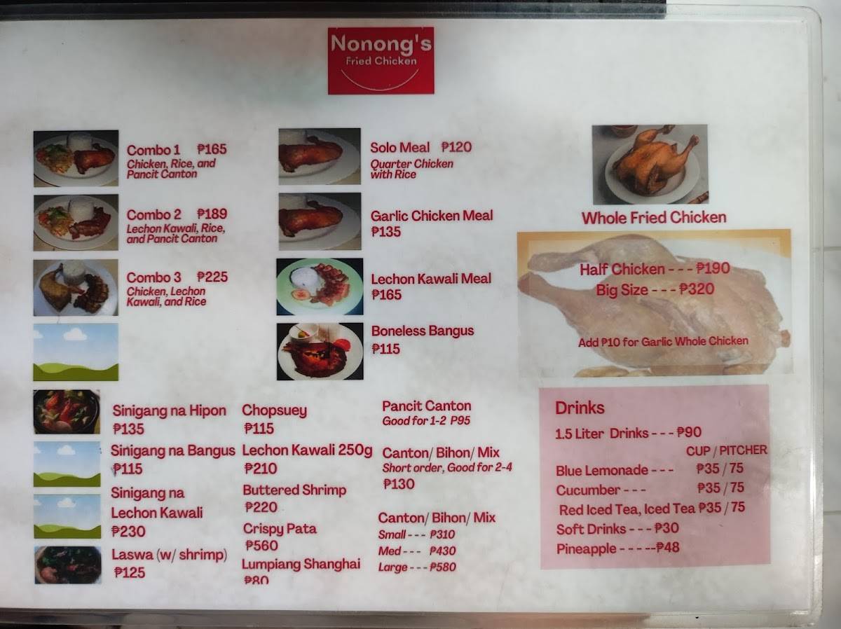 Menu at Nonong's Fried Chicken restaurant, Pasay