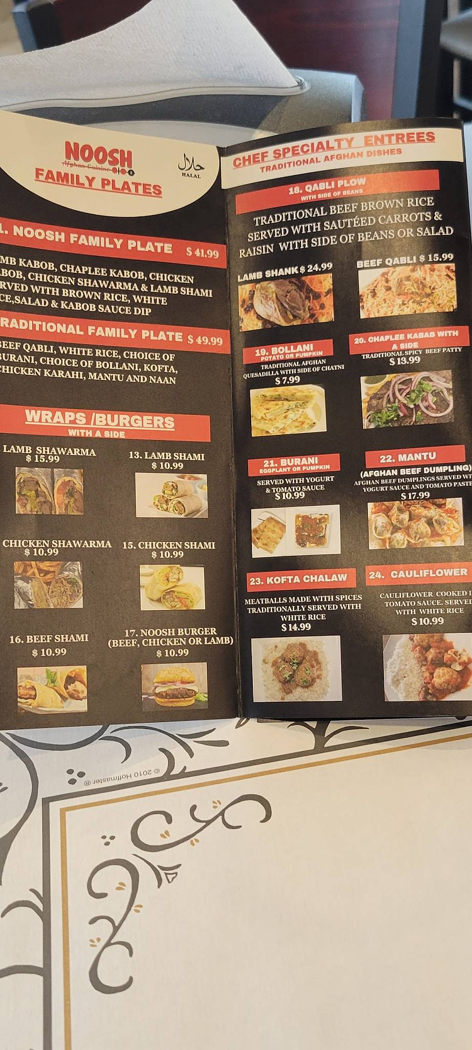 Menu at Noosh Afghan Cuisine restaurant, Lansing