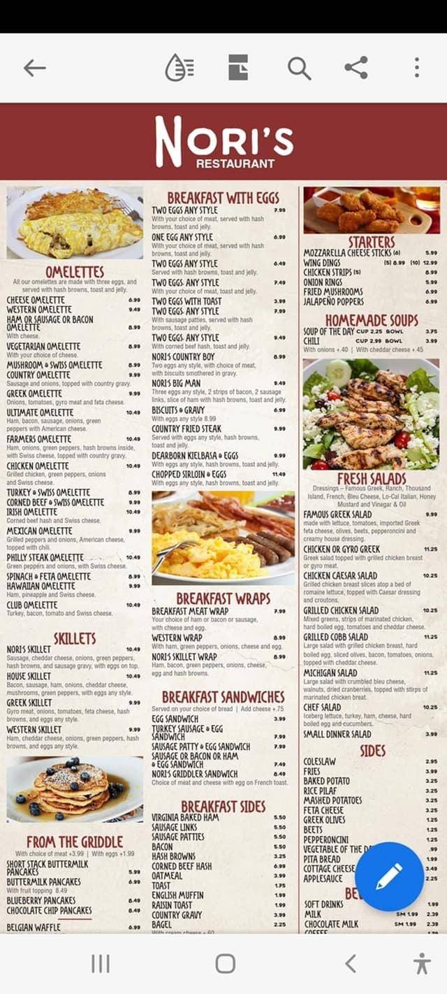 Menu at Nori's Restaurant in Auburn, now PAZ place, Auburn
