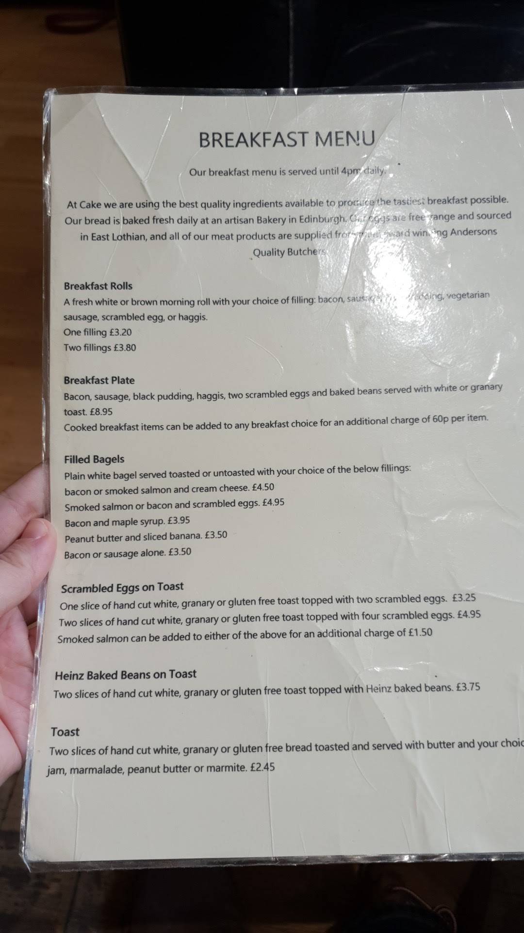 Menu at Cake Cafe, North Berwick