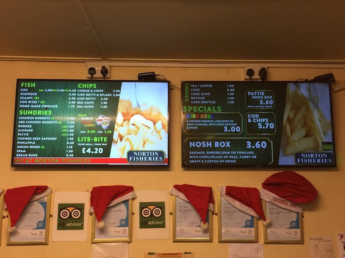Menu at Norton Fisheries fast food, Stockton-on-Tees