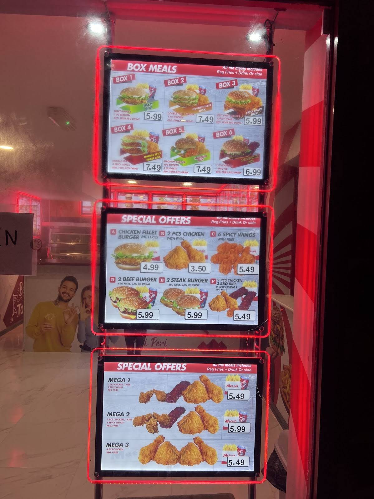 Menu at Metro’s Fried and peri peri chicken restaurant, Nottingham