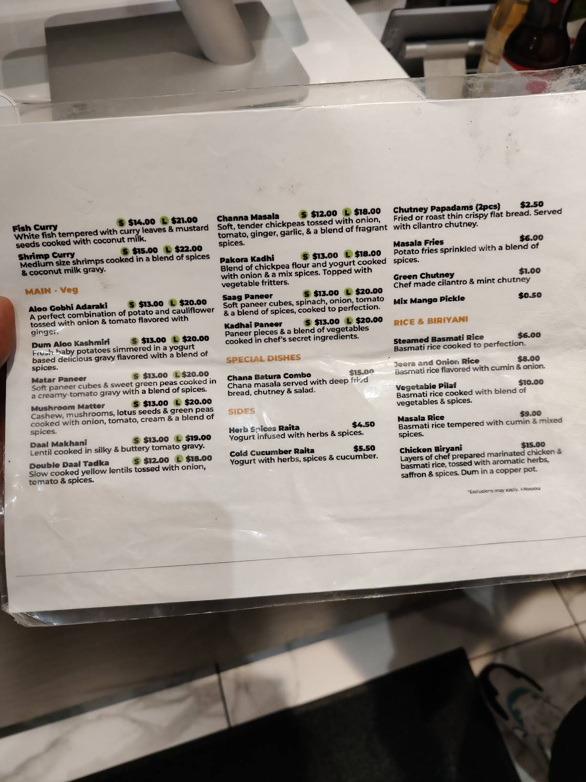 Menu at Nouska restaurant, Mississauga