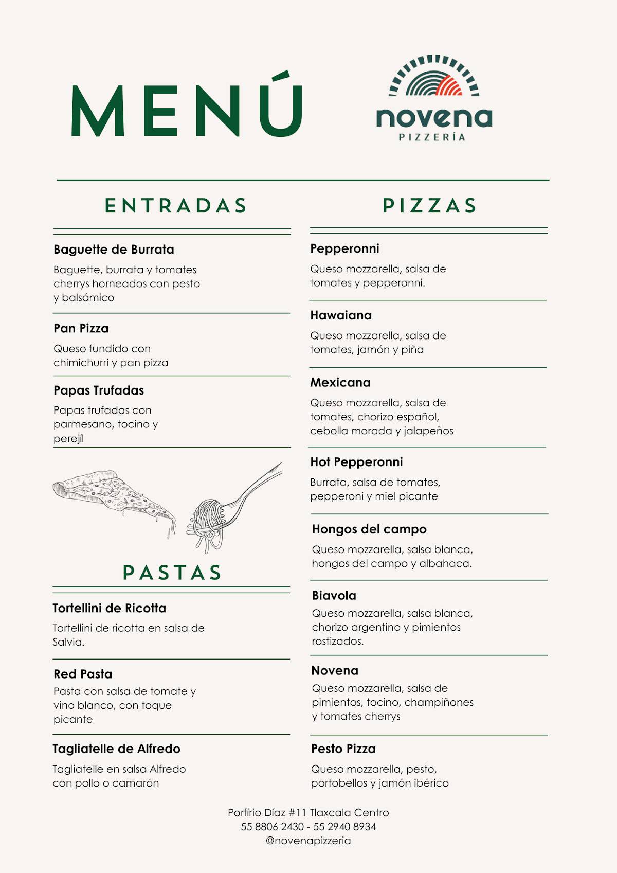 Menu at Novena Pizzería & Restaurante, Tlaxcala