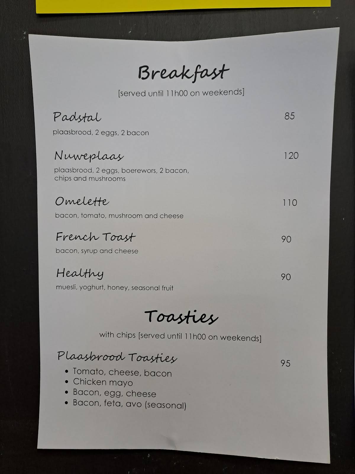 Menu at Nuweplaas Padstal 'Shop Eat Play' restaurant, South Africa