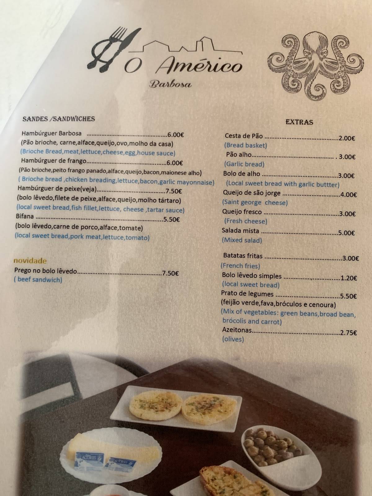 Menu at O Américo de Barbosa, Mosteiros