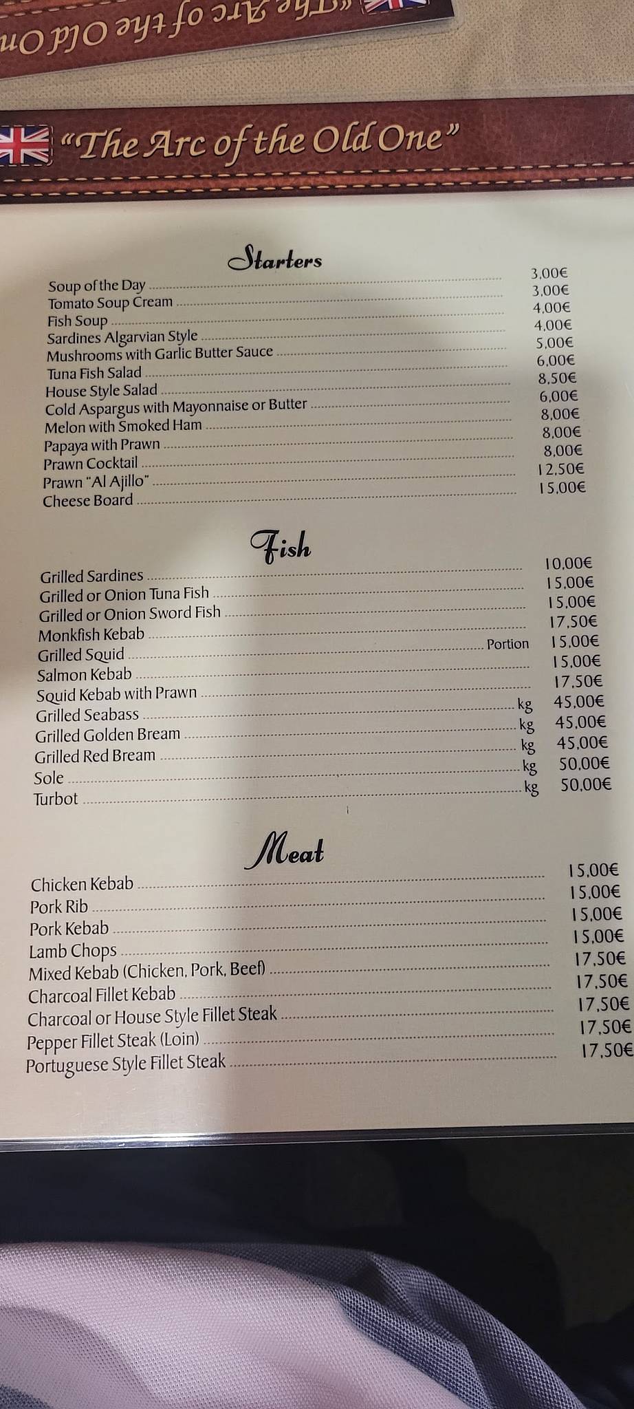 Carta del restaurante O Arco da Velha, Alvor, Largo da Ribeira 6A