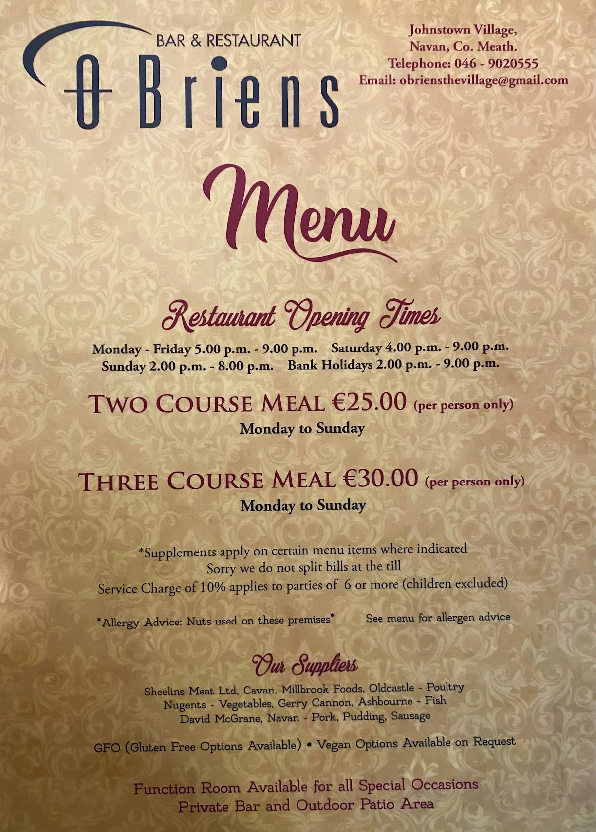 Menu at O' Briens Restaurant Johnstown, Navan