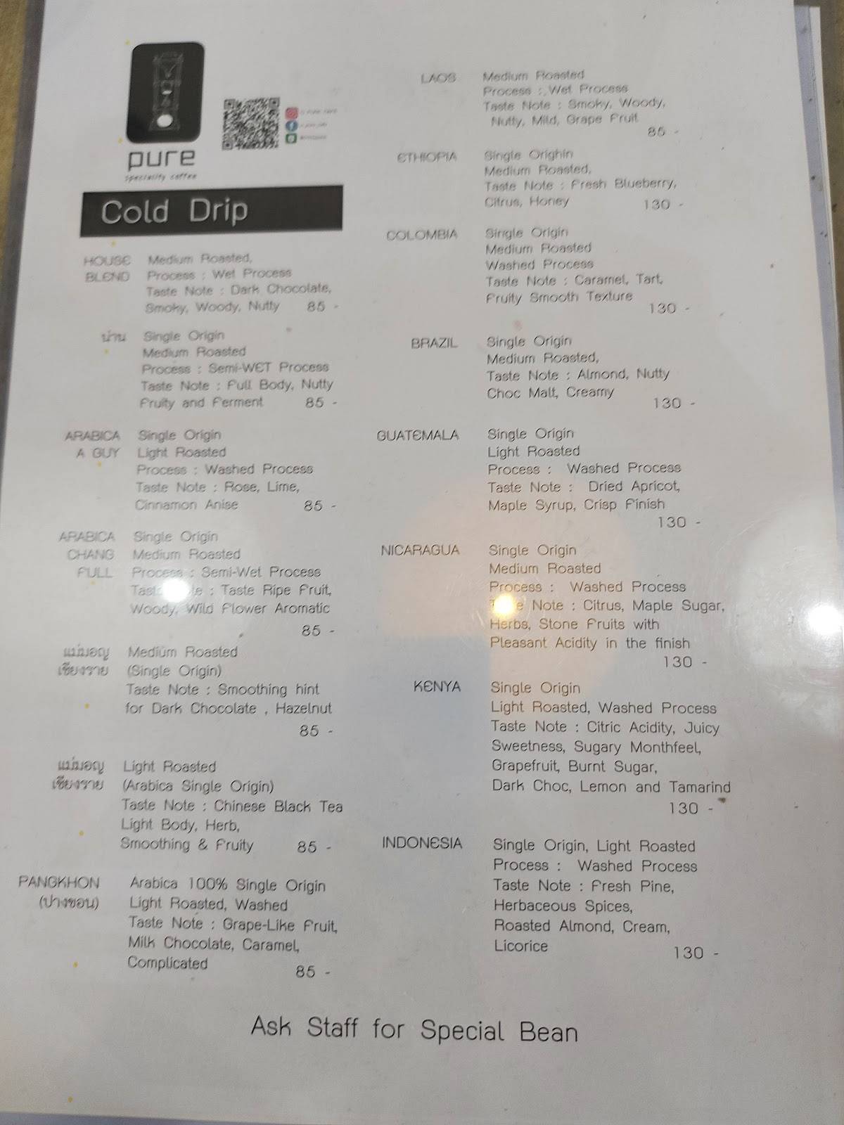 Menu at opurecafe, Bangkok