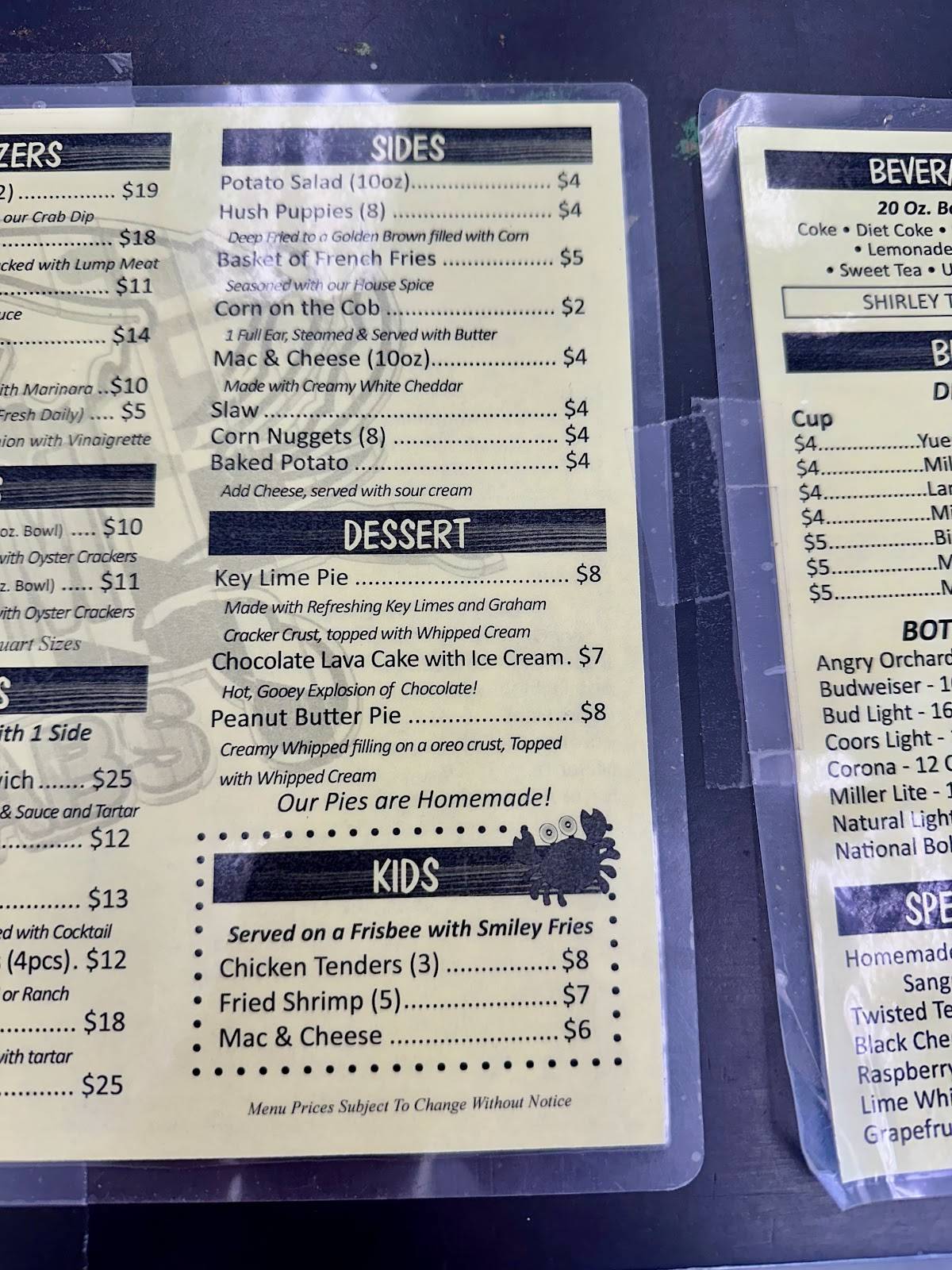Menu at OCM Crabs restaurant, Ocean City, Coastal Hwy