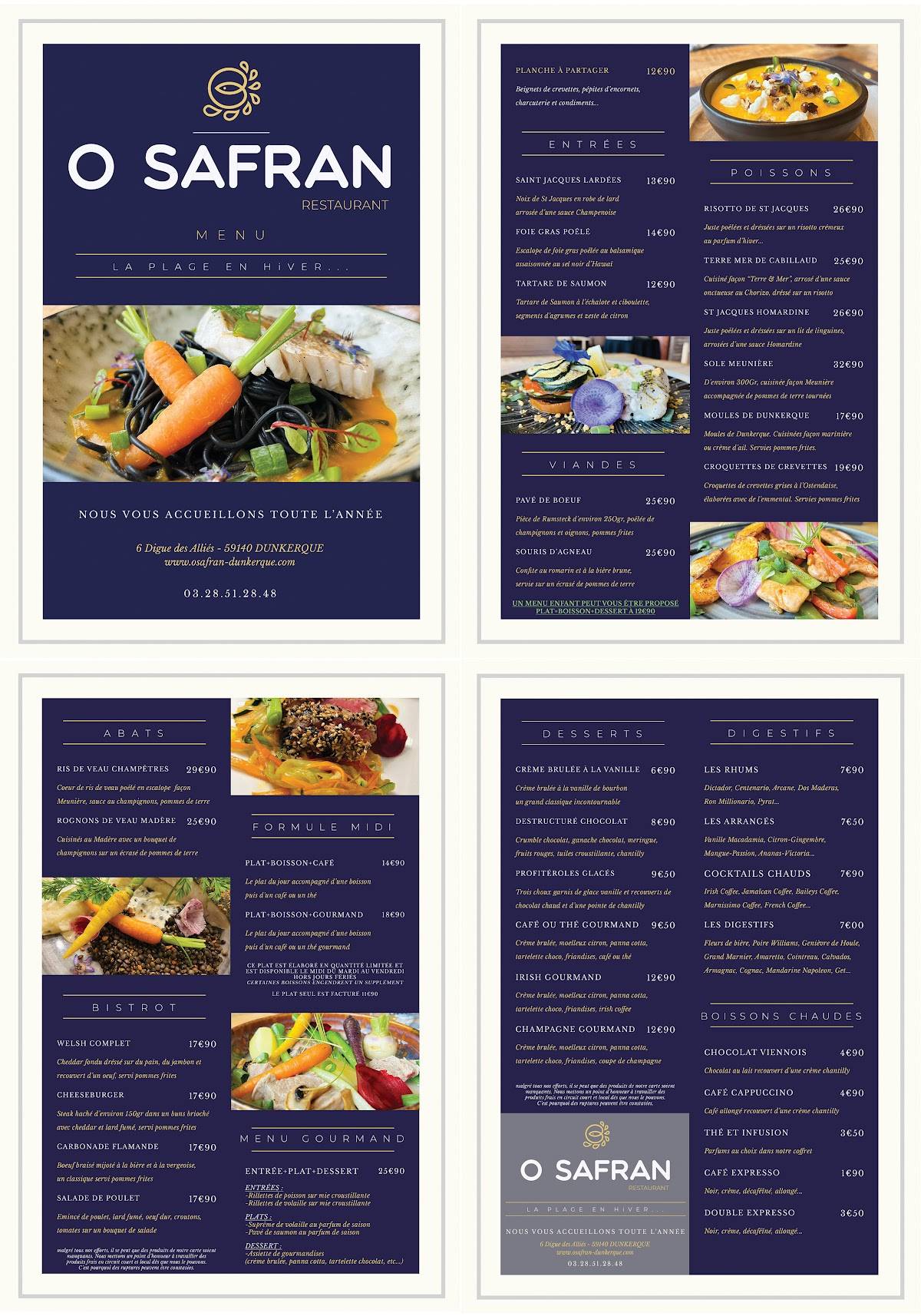 Menu au O'Safran restaurant, Dunkerque