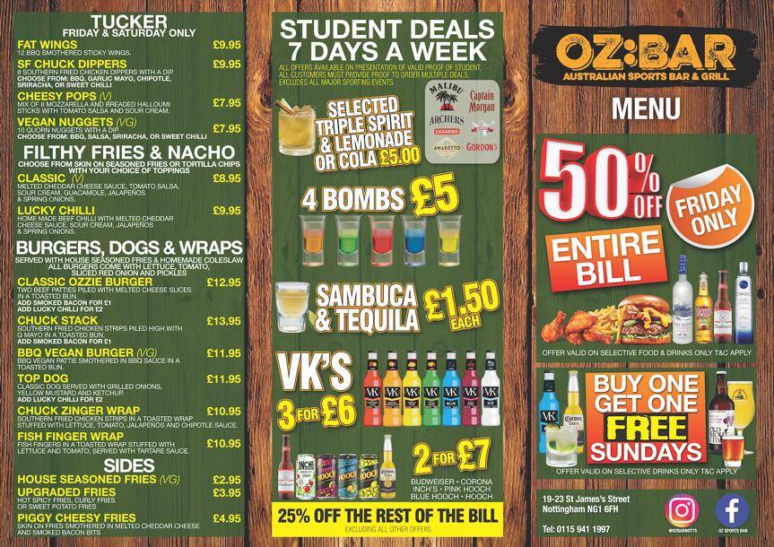 Menu at OZ Bar, Nottingham