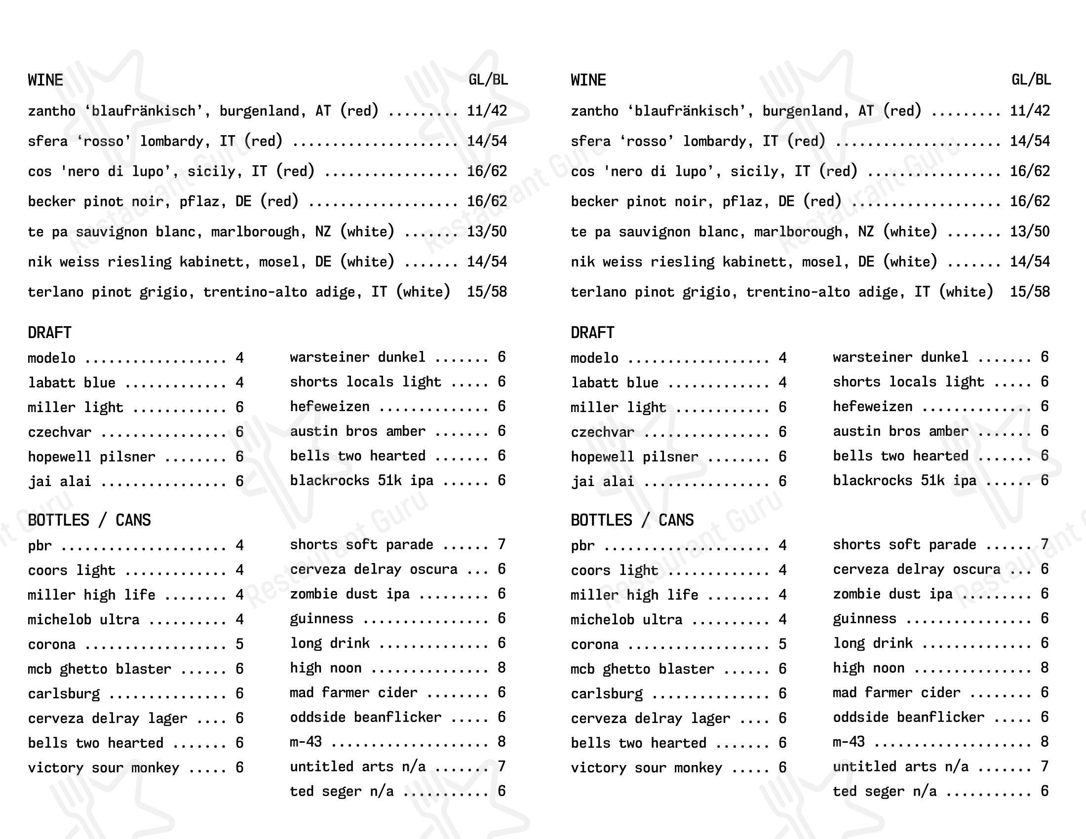Menu at Oak Parker pub & bar, Oak Park