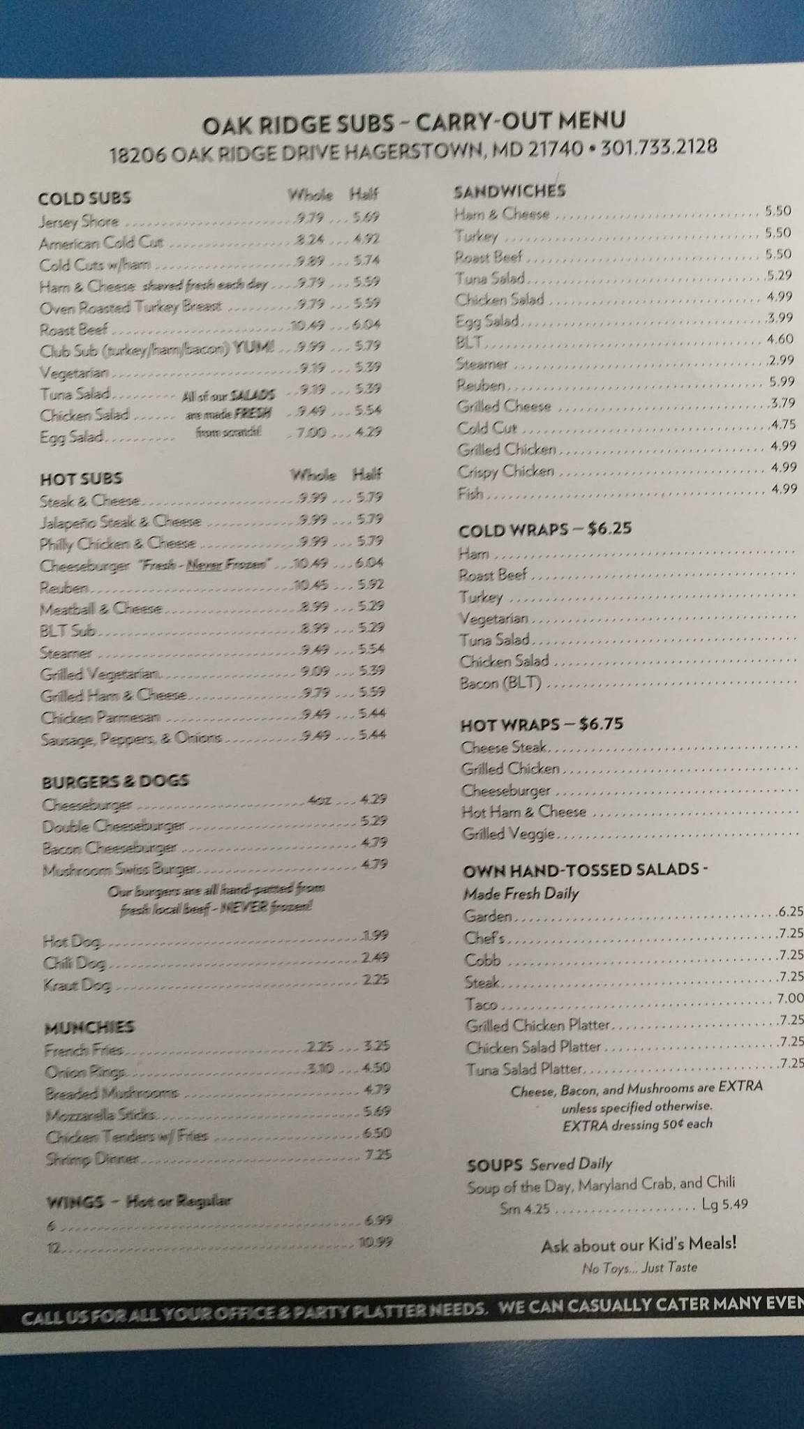 Menu at Oak Ridge Subs restaurant, Hagerstown, Oak Ridge Dr