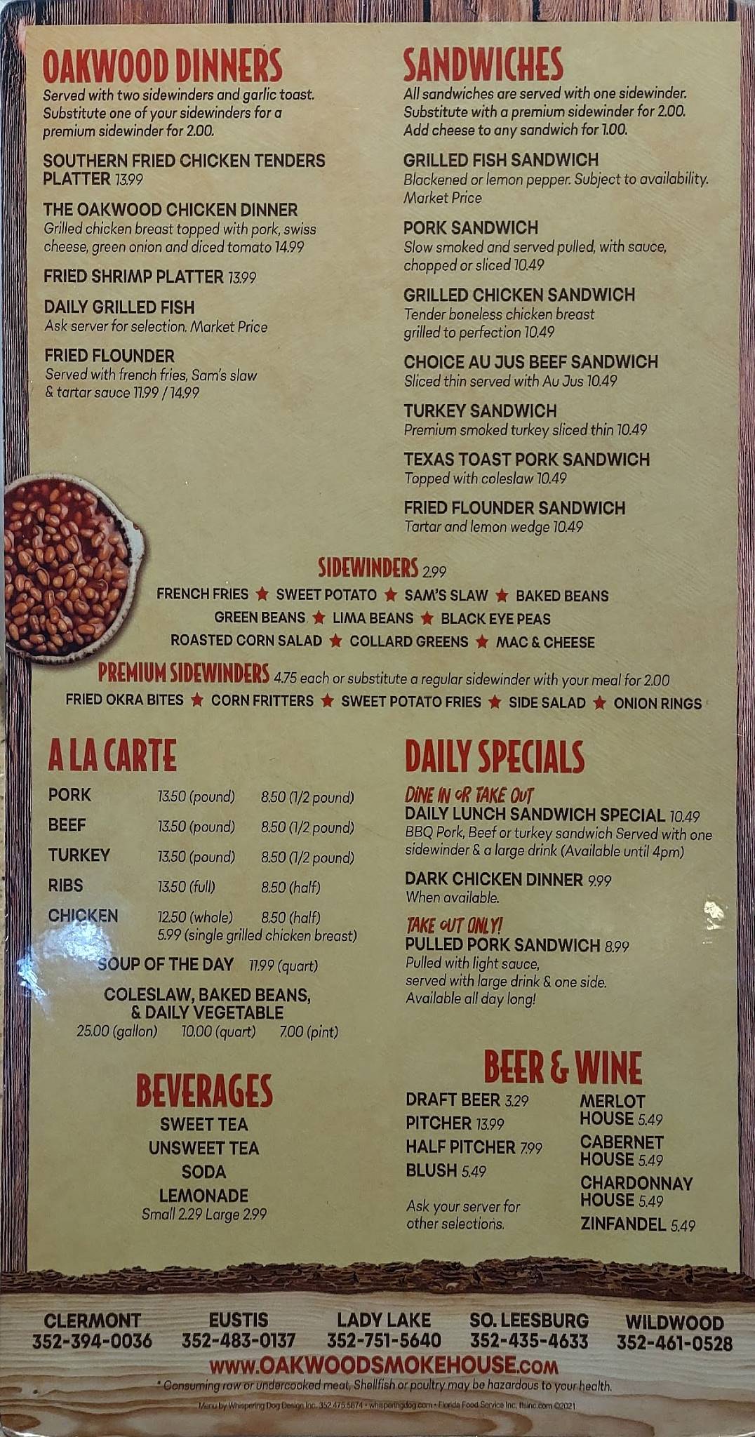 Menu at Oakwood Smokehouse steakhouse, Lady Lake