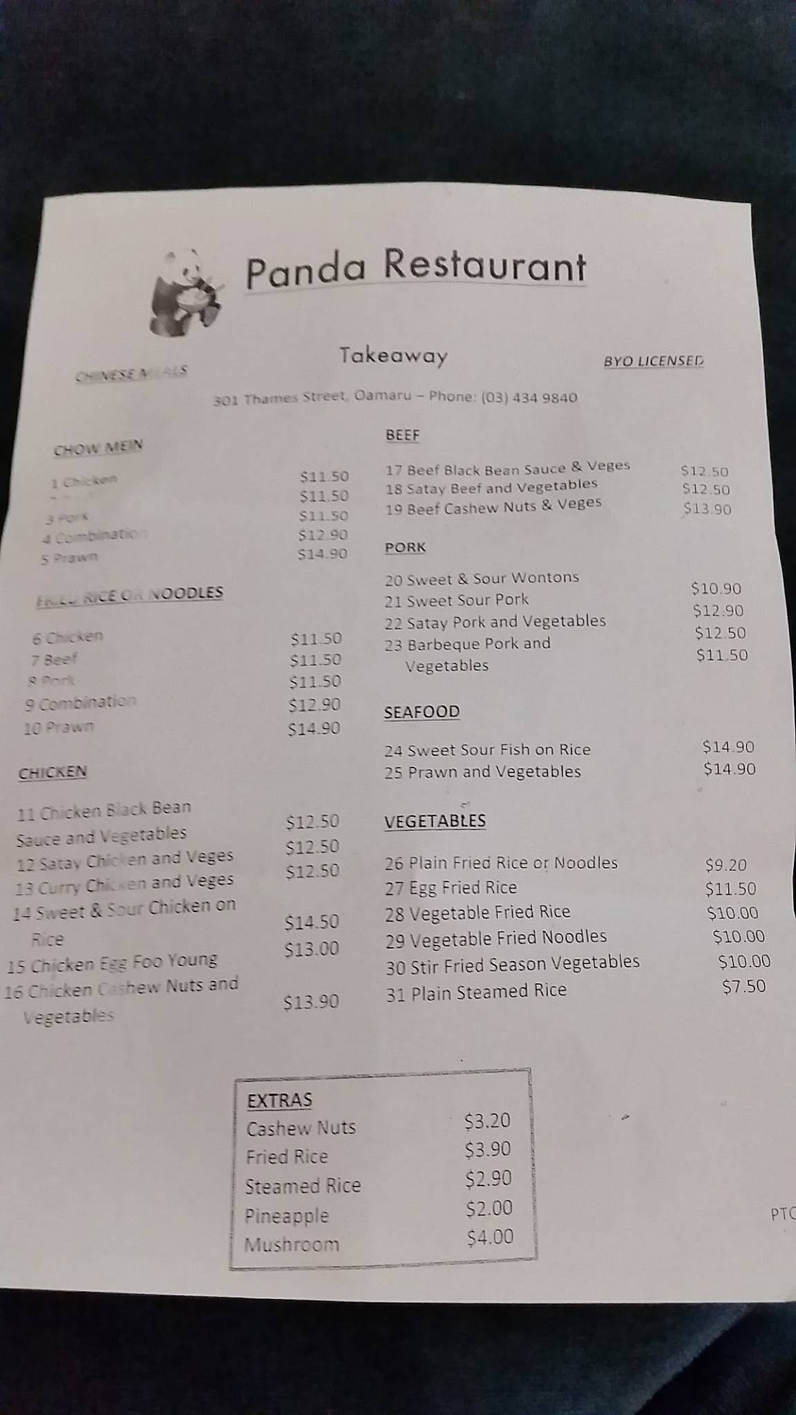 Menu at Panda Restaurant and Takeaway, Oamaru