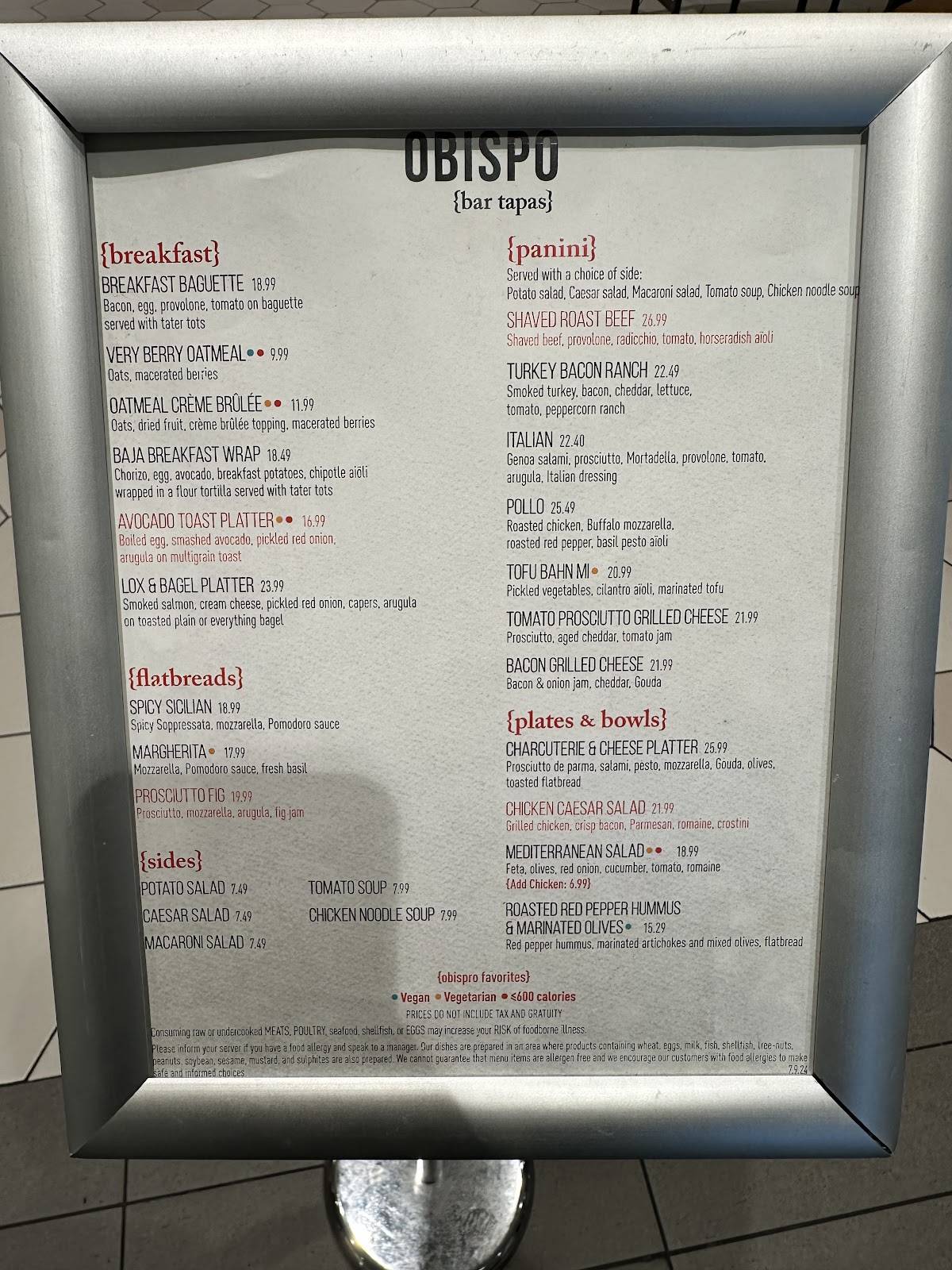 Menu at Obispo cafe, Toronto