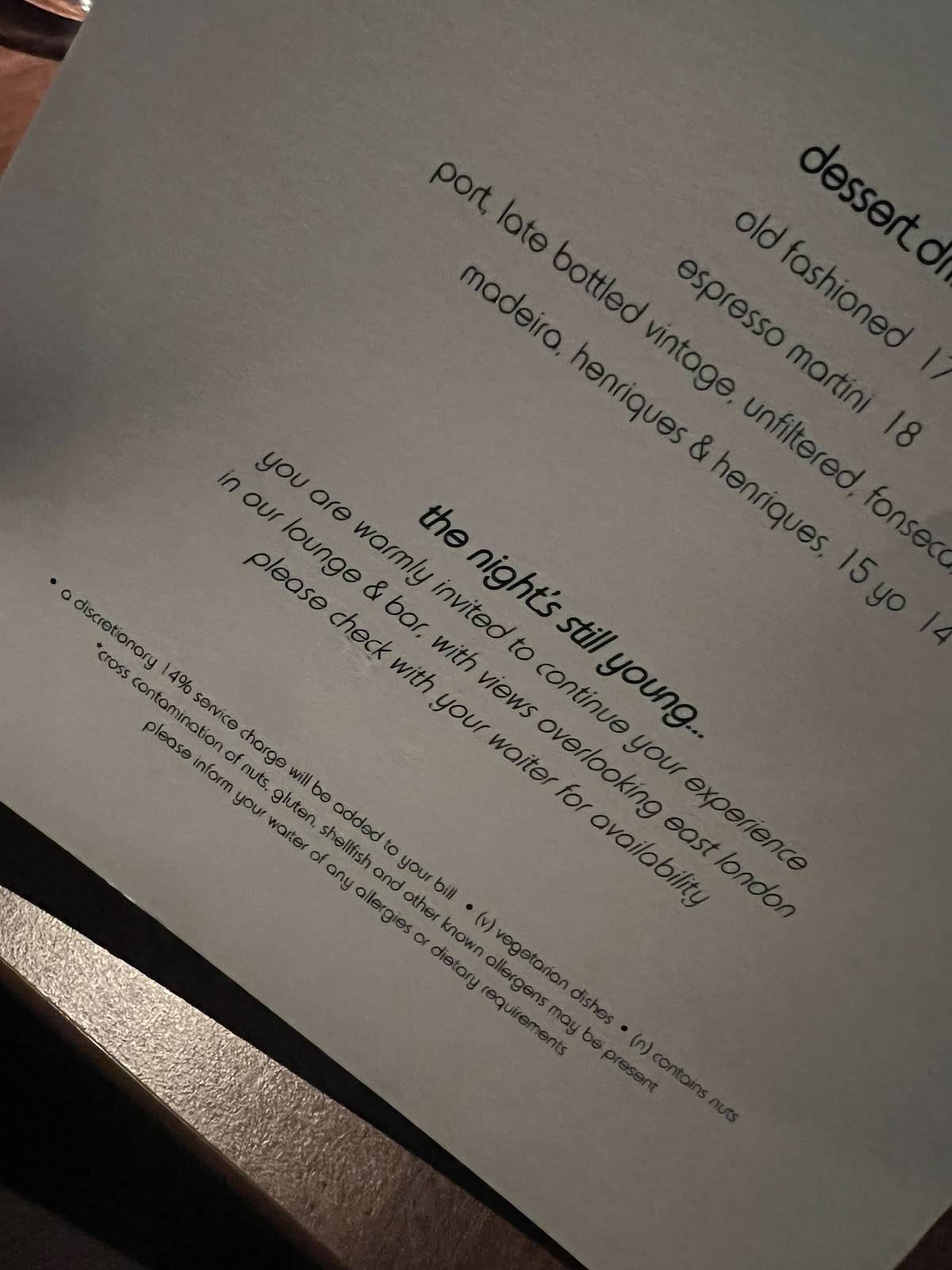 Menu at Oblix restaurant, London