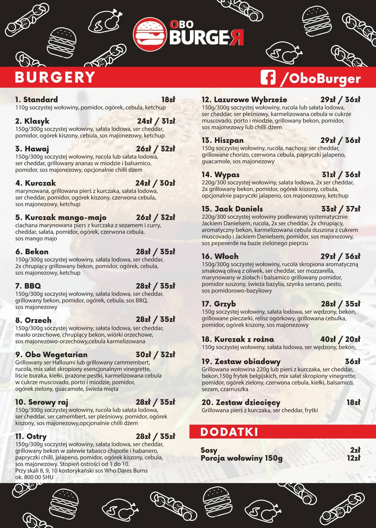 Menu at Oboburger, kurczaki z rożna, burgery restaurant, Oborniki