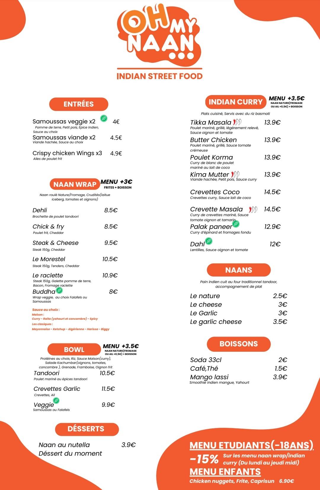 Menu au Oh My Naan restaurant, Morestel