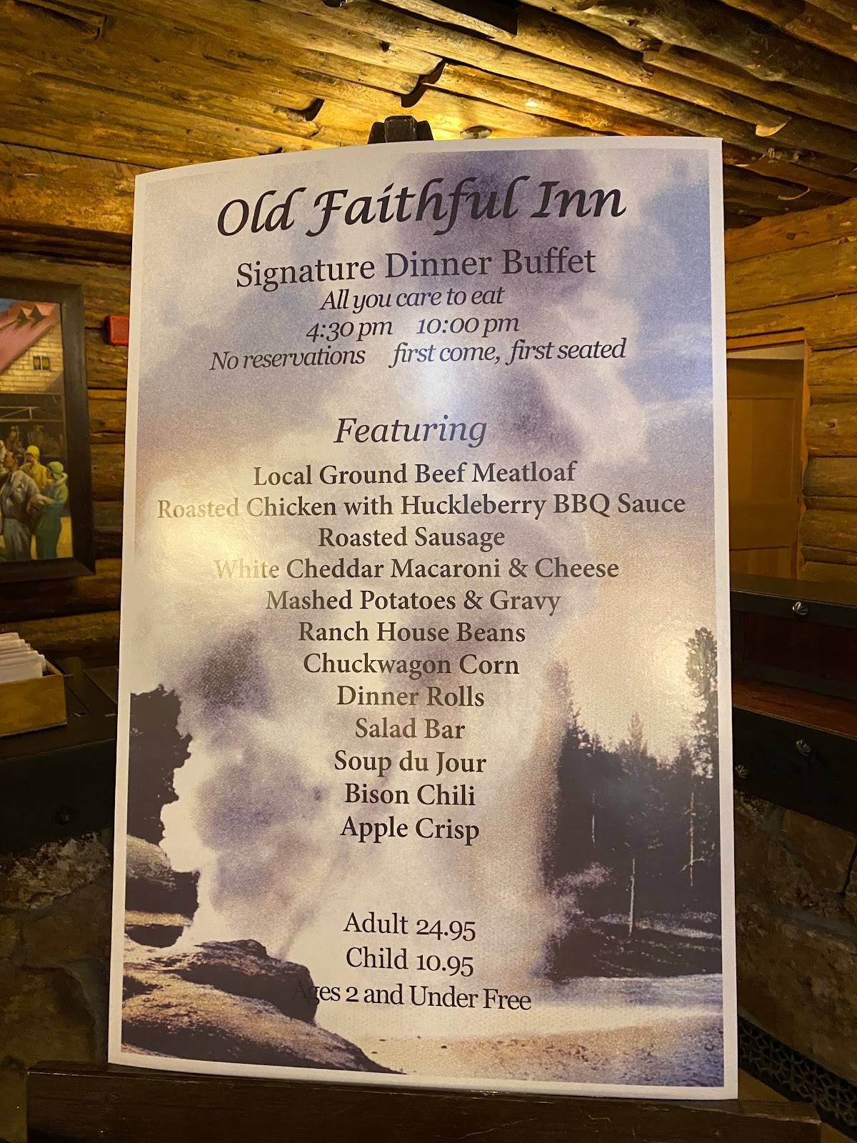 Menu at Old Faithful Inn Dining Room restaurant, USA, Old Faithful Rd