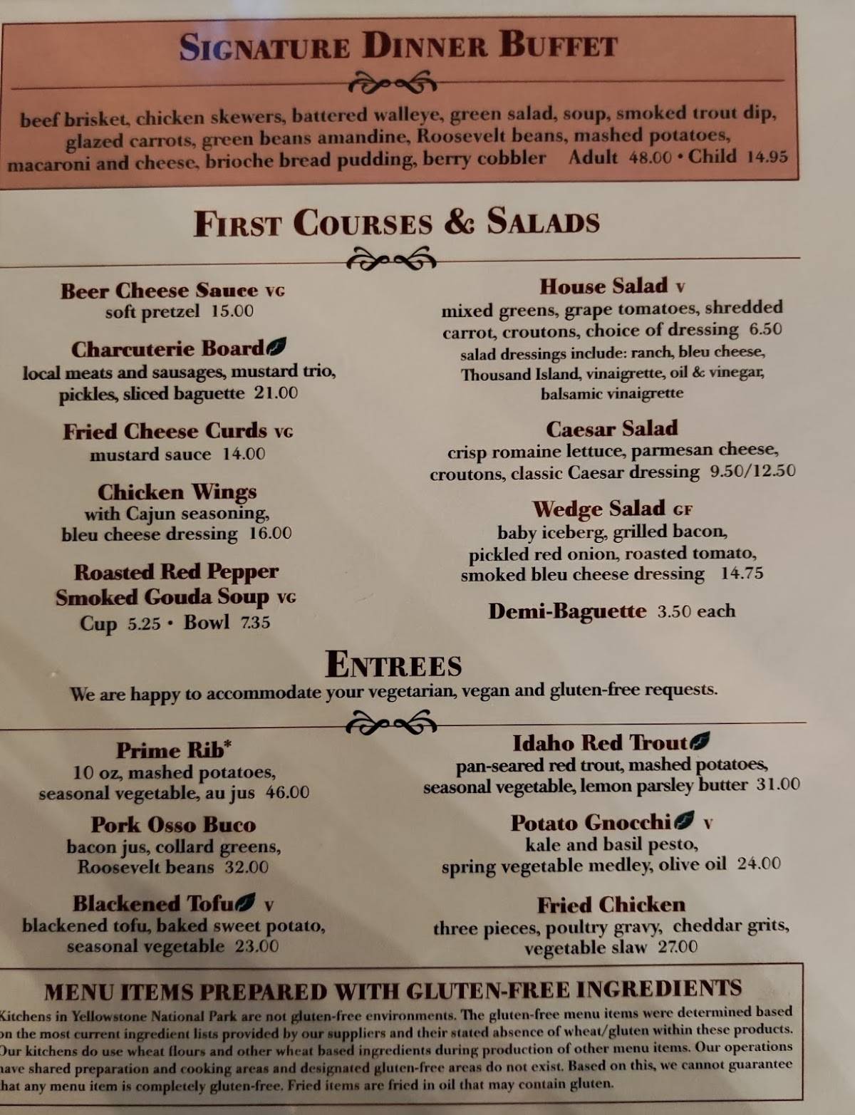 Menu at Old Faithful Inn Dining Room restaurant, USA, Old Faithful Rd