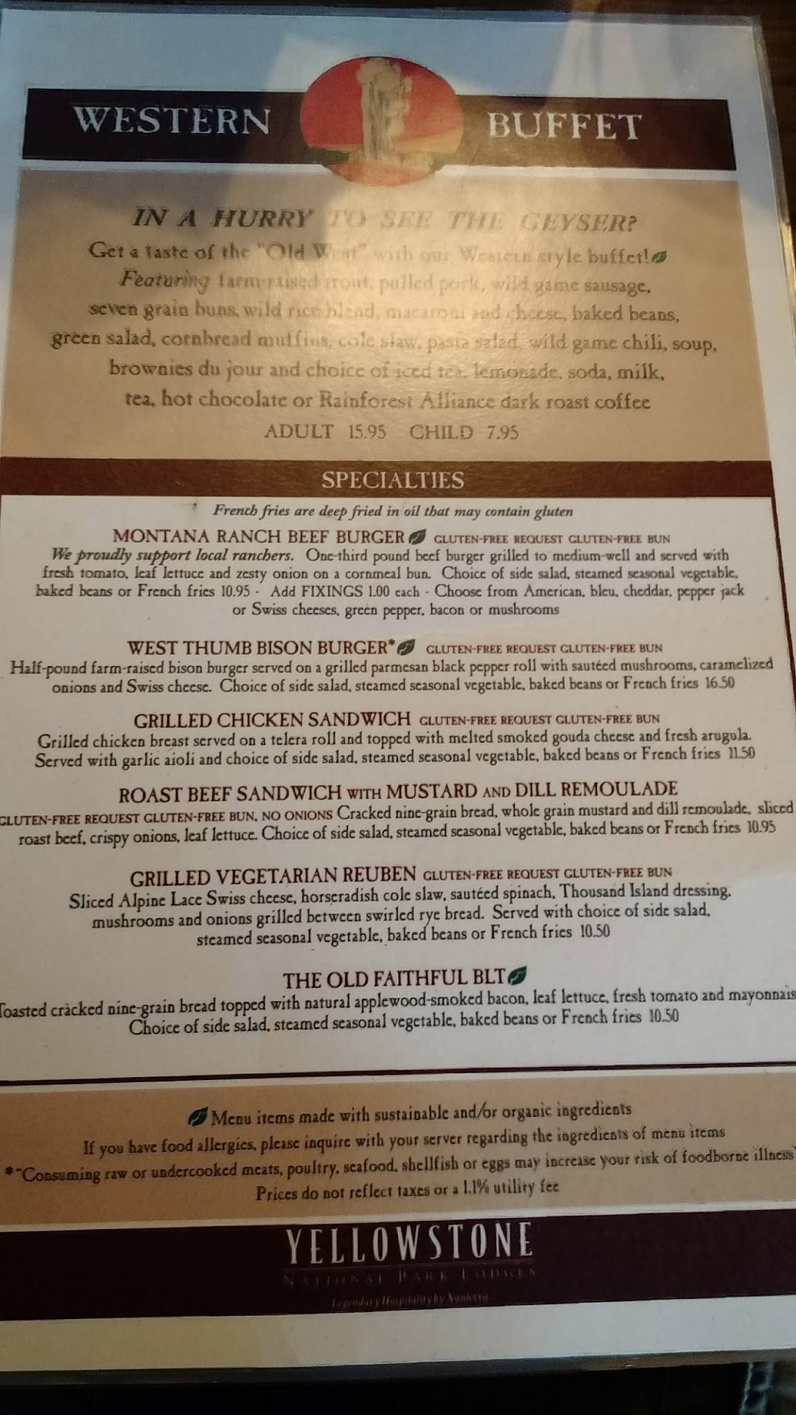 Menu at Old Faithful Inn Dining Room restaurant, USA, Old Faithful Rd