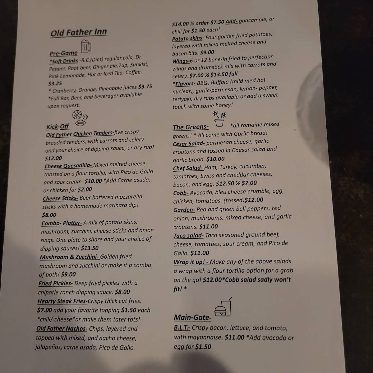 Menu at Old Father Inn steakhouse, Tucson