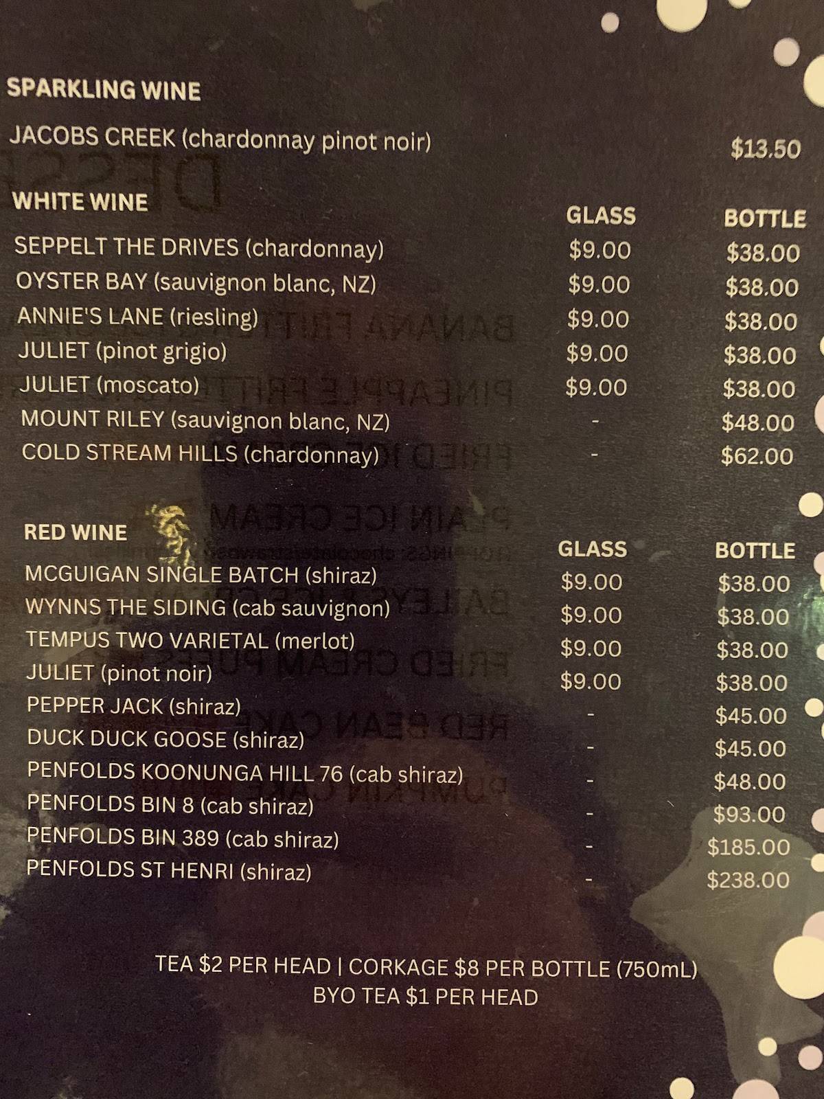 Menu at Old Kingdom restaurant, Surrey Hills