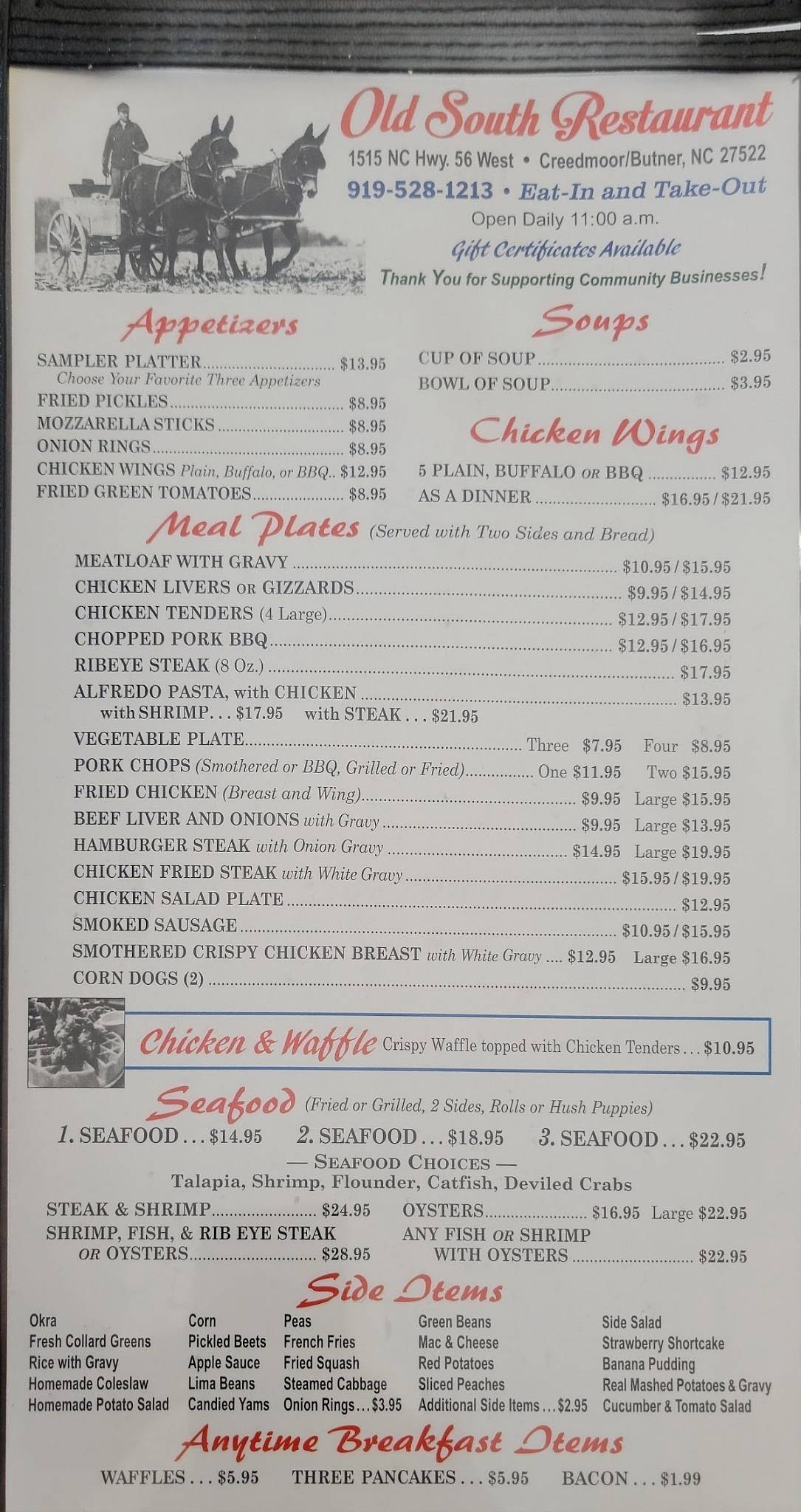 Menu at Old South Restaurant, Creedmoor