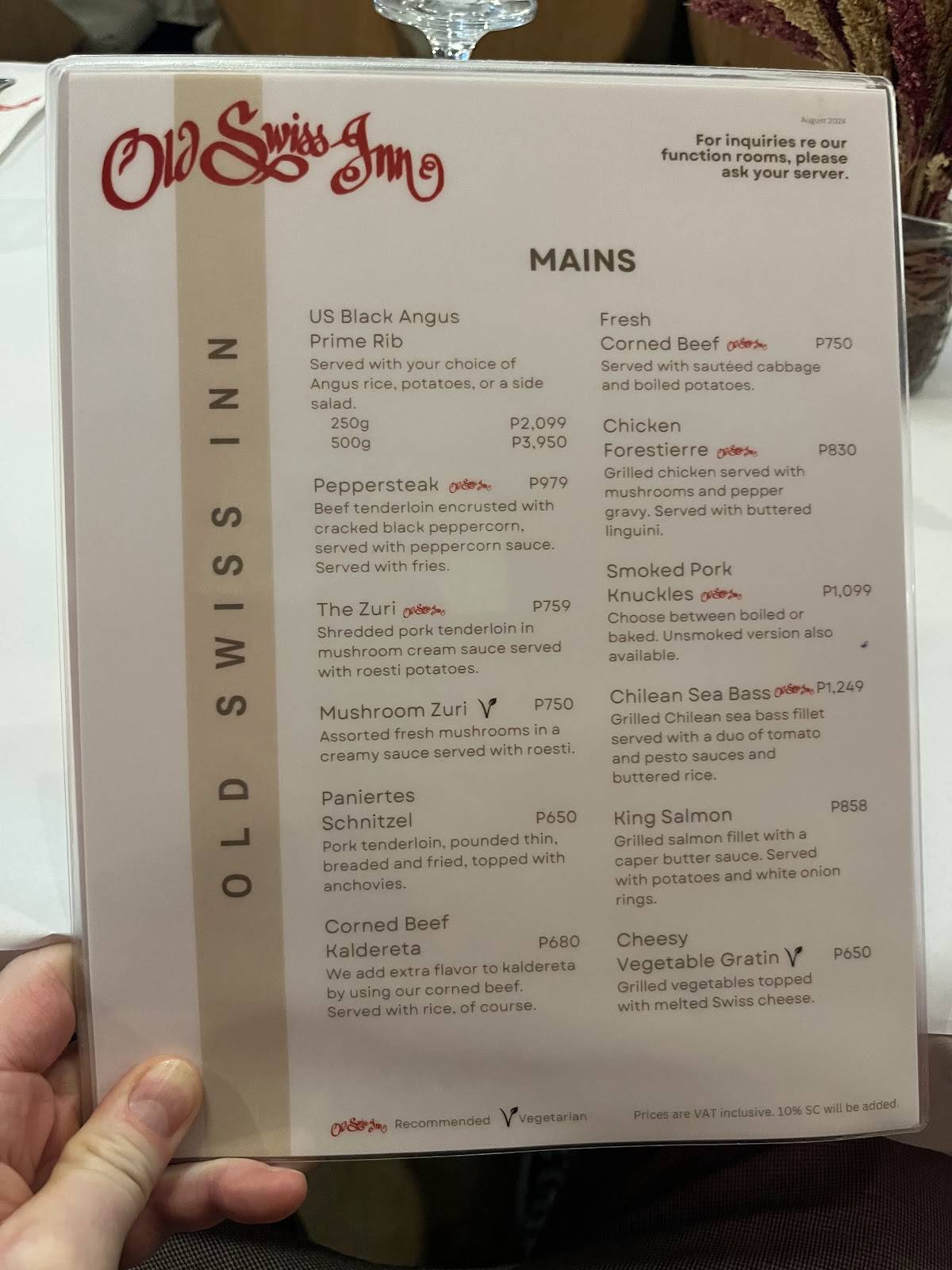Menu at Old Swiss Inn Restaurant, Makati, Ground Level