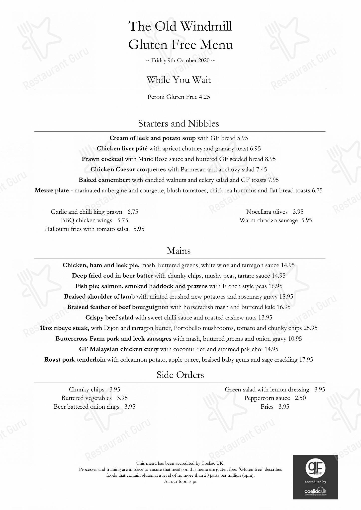 Menu at The Old Windmill pub & bar, Chelmsford
