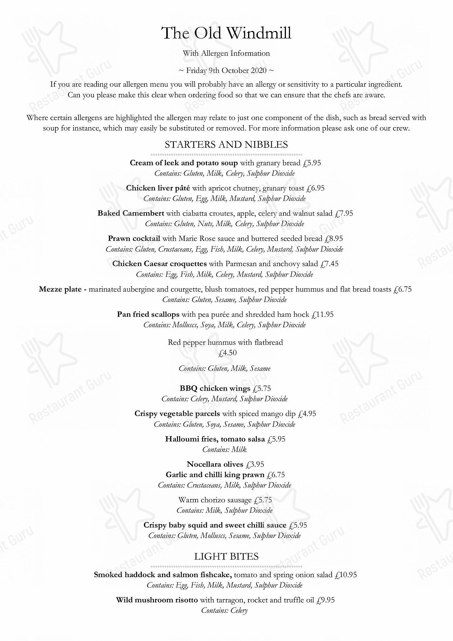Menu at The Old Windmill pub & bar, Chelmsford