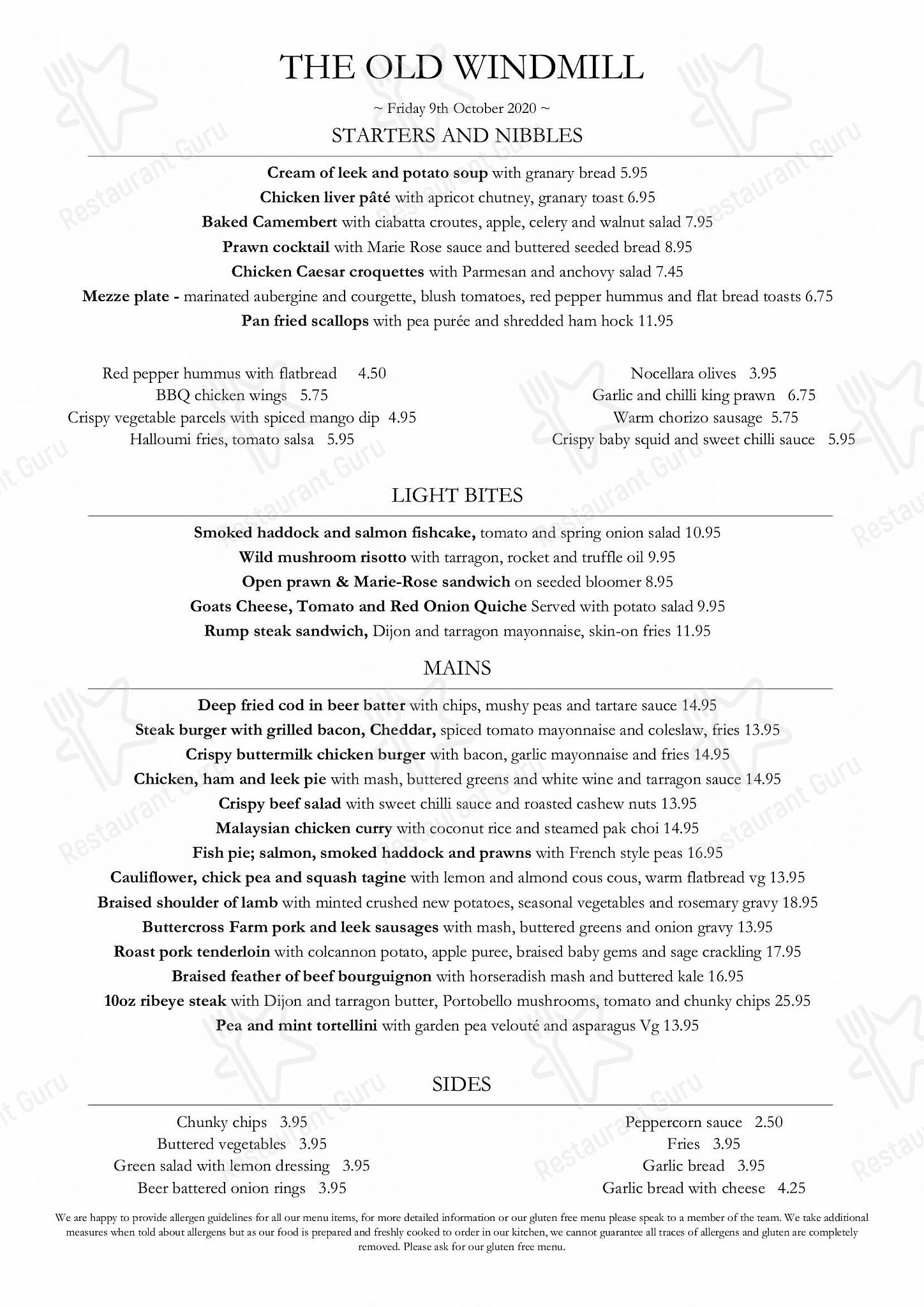 Menu at The Old Windmill pub & bar, Chelmsford