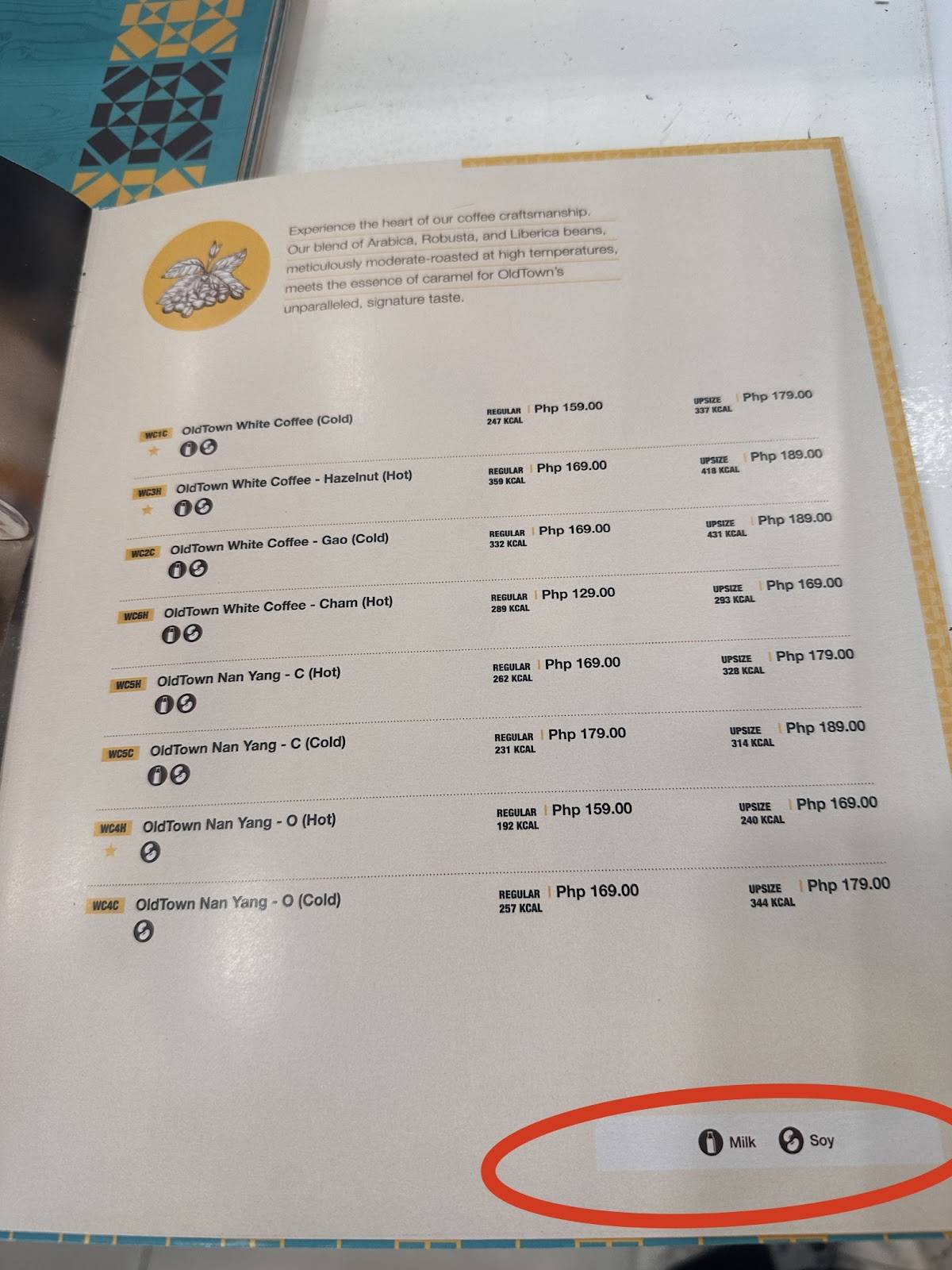 Menu at OldTown White Coffee restaurant, Santo Tomas